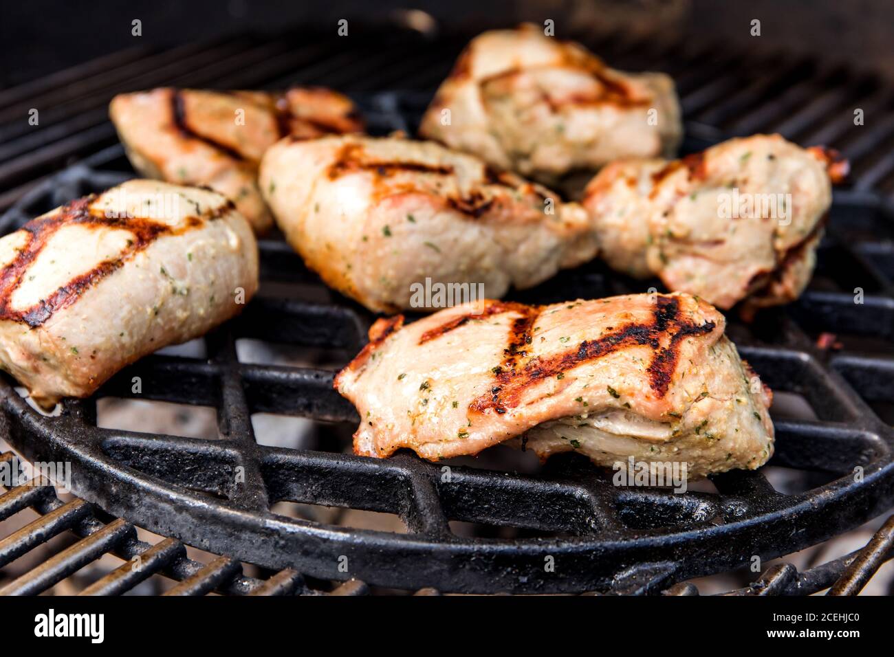 Grilled Pork Tenderloin. Pork steak meat on bbq grill , home made. Diet ...