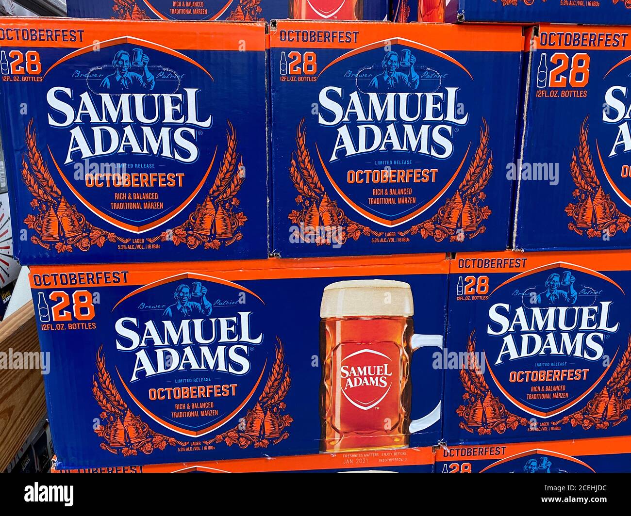 Orlando, FL/USA-8/15/20: A display of boxes of bottles of Samuel Adams ...