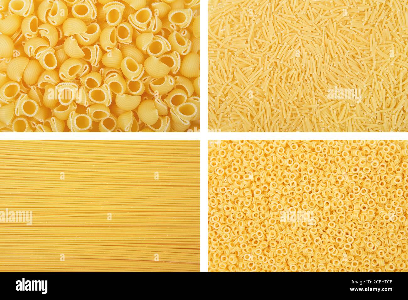 Rectangular collage of various raw yellow pasta backgrounds. Vermicelli ...