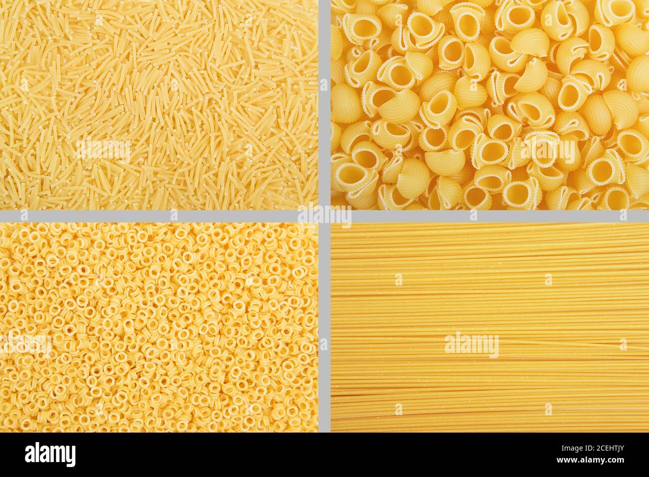 Rectangular collage of various raw yellow pasta backgrounds. Vermicelli ...