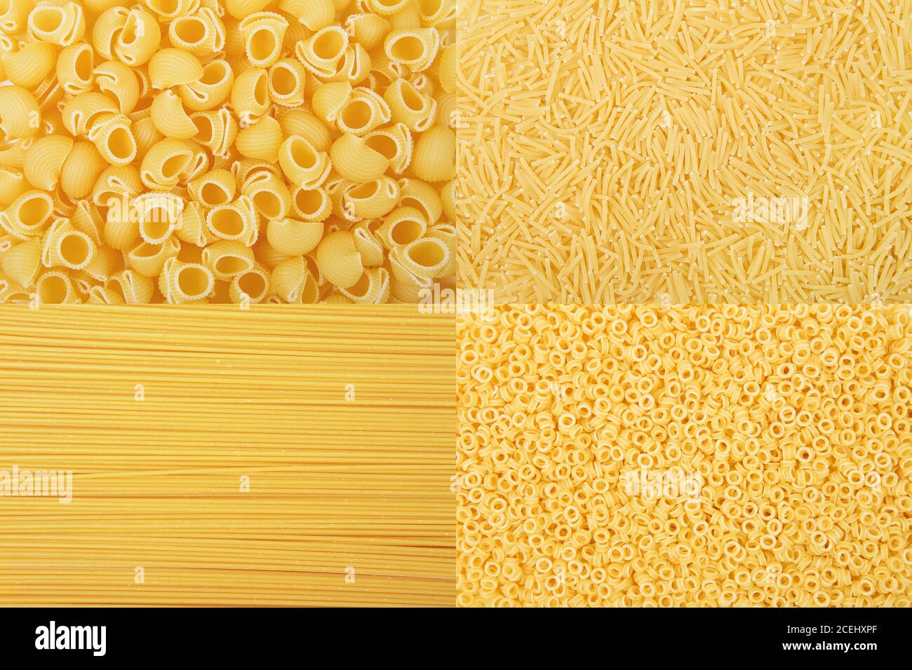 Rectangular collage of various raw yellow pasta backgrounds. Vermicelli ...