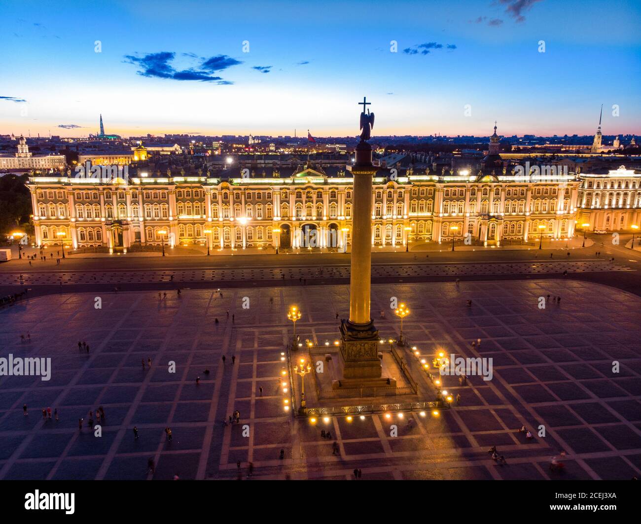 Aerial front view at the Winter Palace building in white nights ...