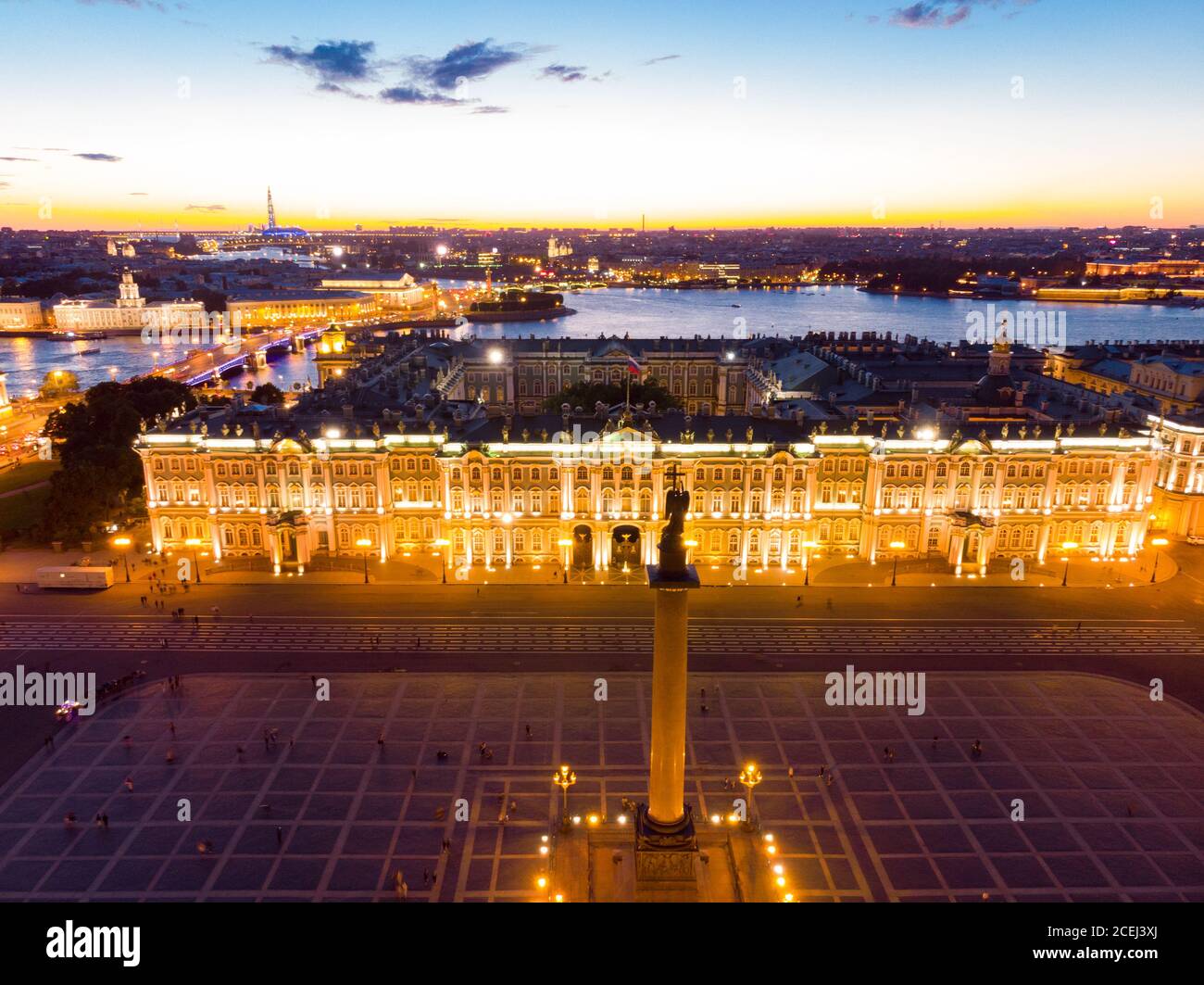 Aerial front view at the Winter Palace building in white nights ...