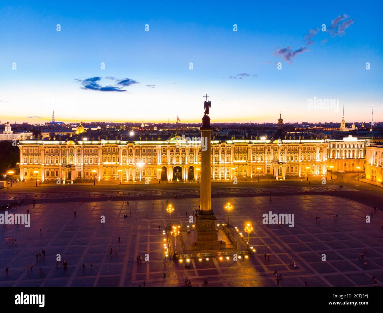 Aerial front view at the Winter Palace building in white nights ...