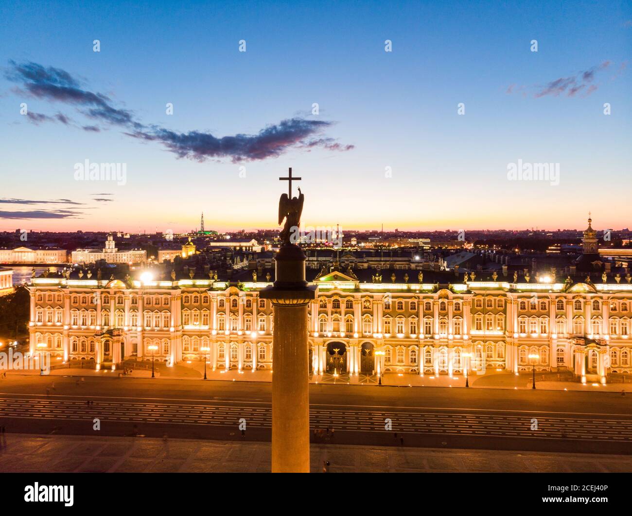 Aerial front view at the Winter Palace building in white nights ...