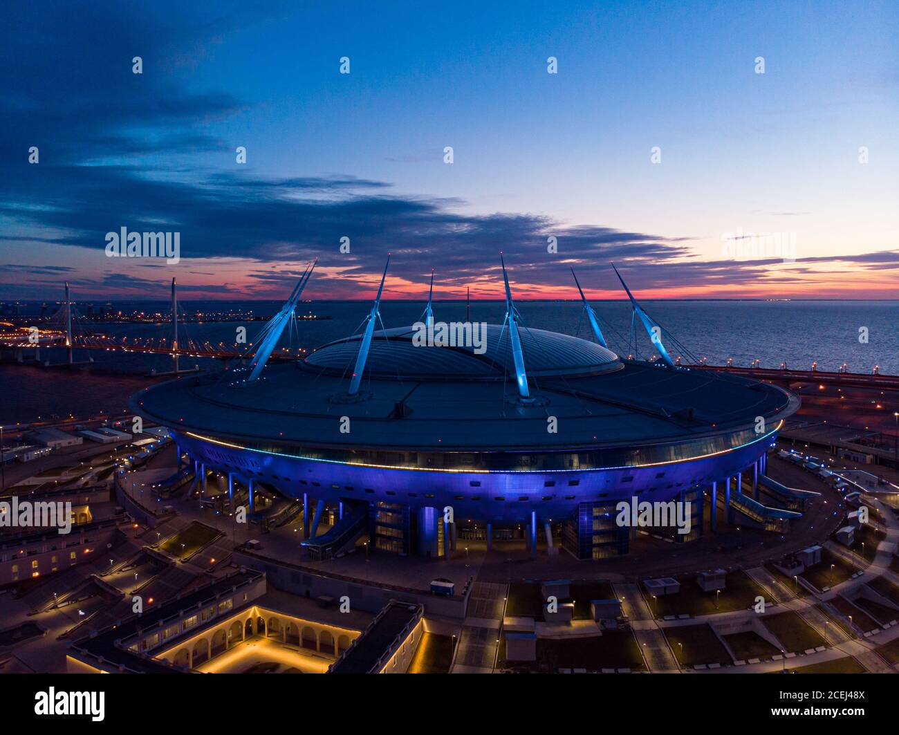 ST. PETERSBURG, Russia - March 24, 2020: Night Aerial panoramic view of ...