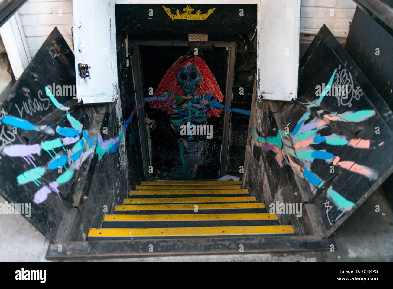 New York, USA - Jul 26, 2016: Late in the day an entrance to a basement ...
