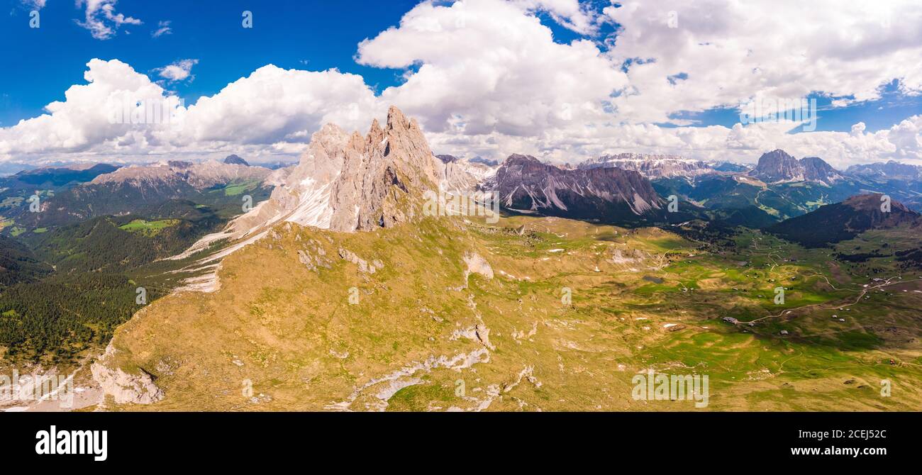 Amazing aerial top view on Seceda Mount peak and valley from drone ...