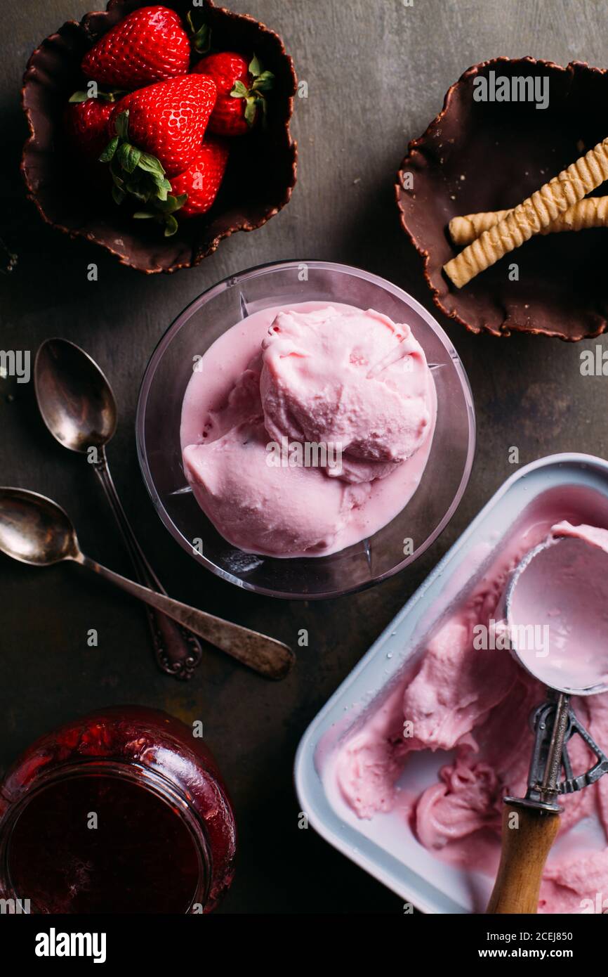 Delicious strawberry ice cream in set Stock Photo - Alamy