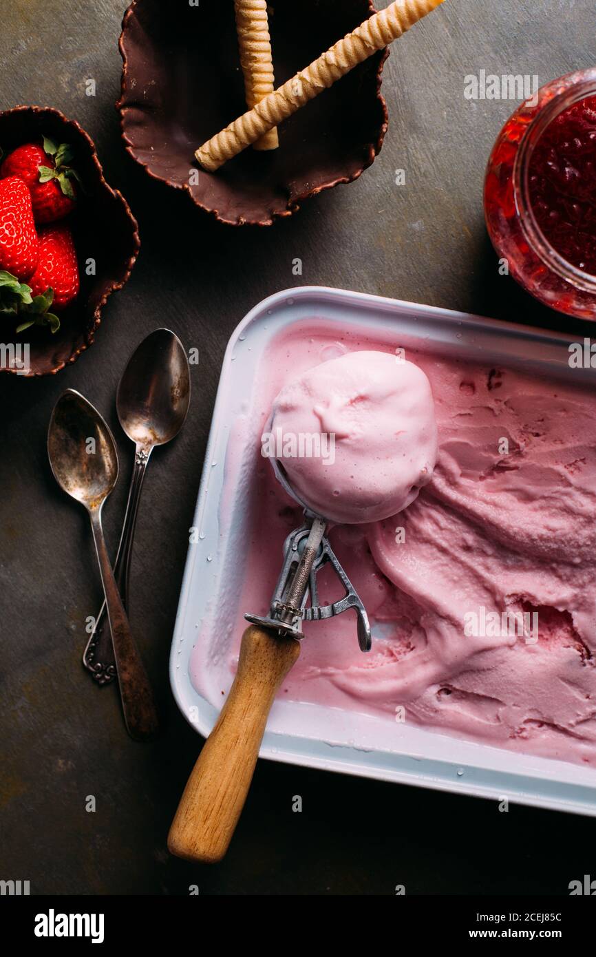 Delicious strawberry ice cream in set Stock Photo - Alamy