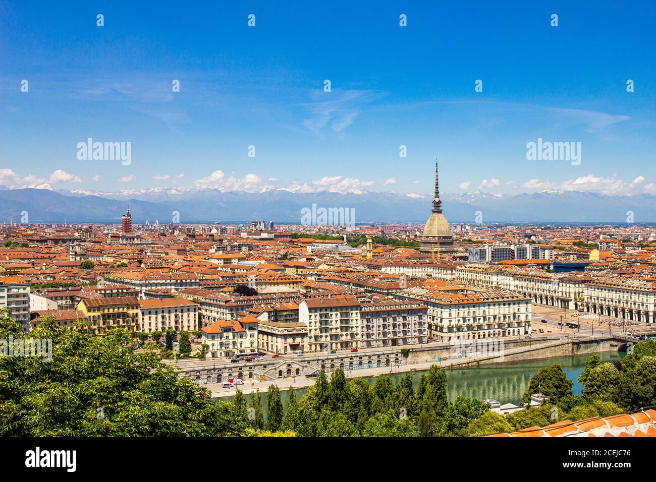 Aerial PAnoramic summer view on Turin skyline, with the city center, Po ...
