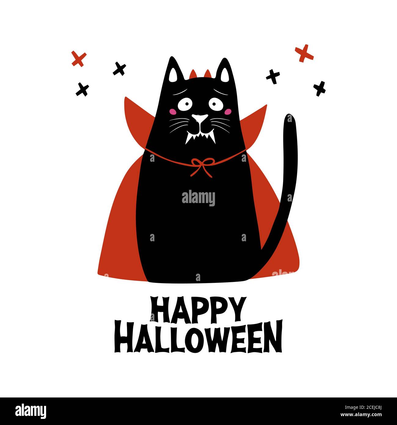 Cute cartoon cat wear vampire costume with fangs, horns and red cloak ...