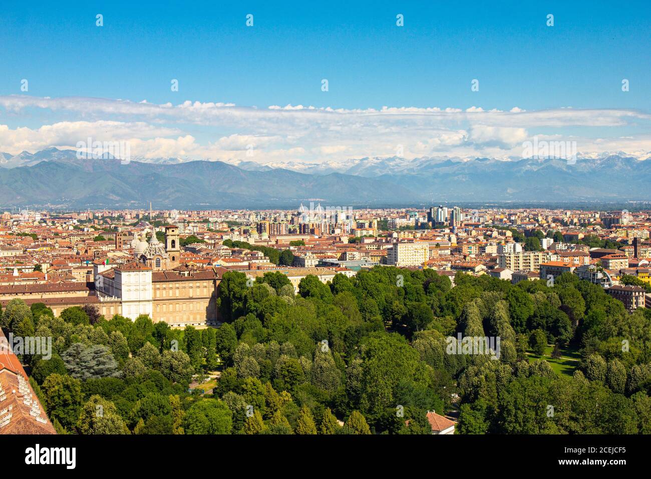 Aerial PAnoramic summer view on Turin skyline, with the city center, Po ...