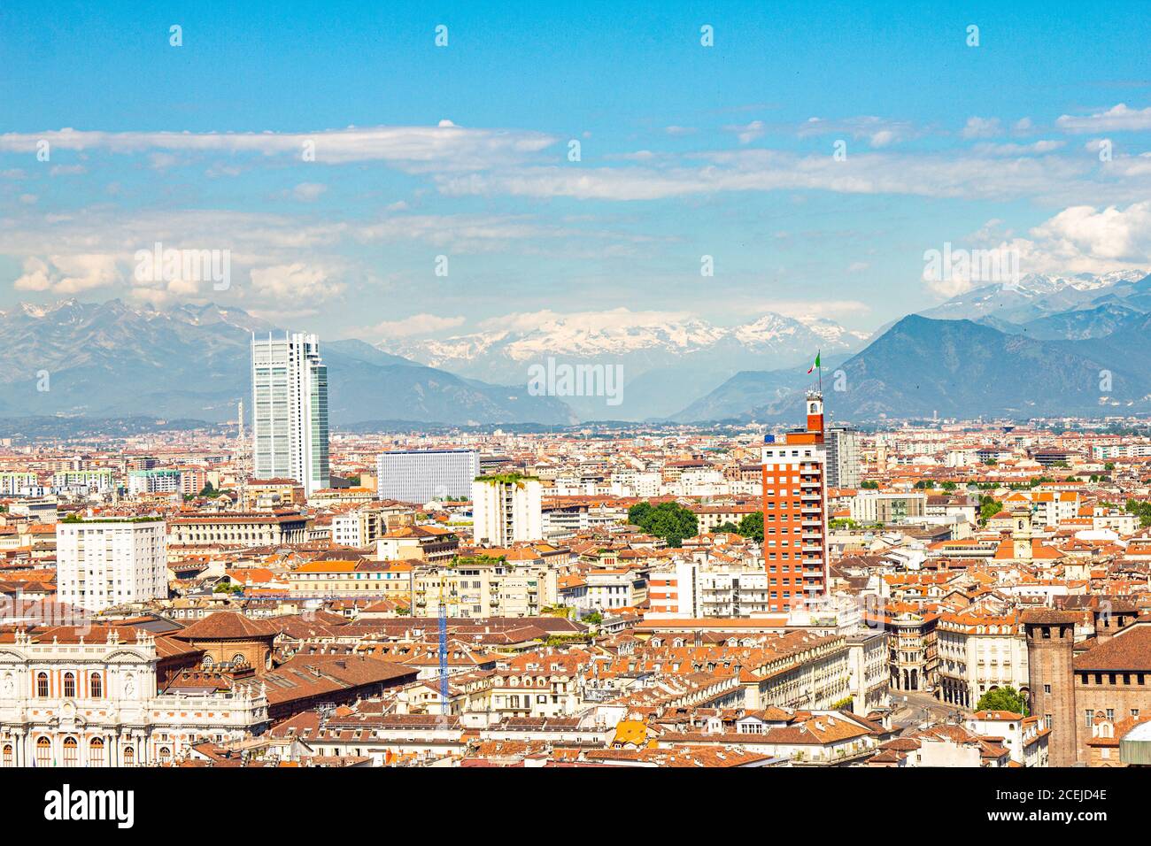 Aerial PAnoramic summer view on Turin skyline, with the city center, Po ...