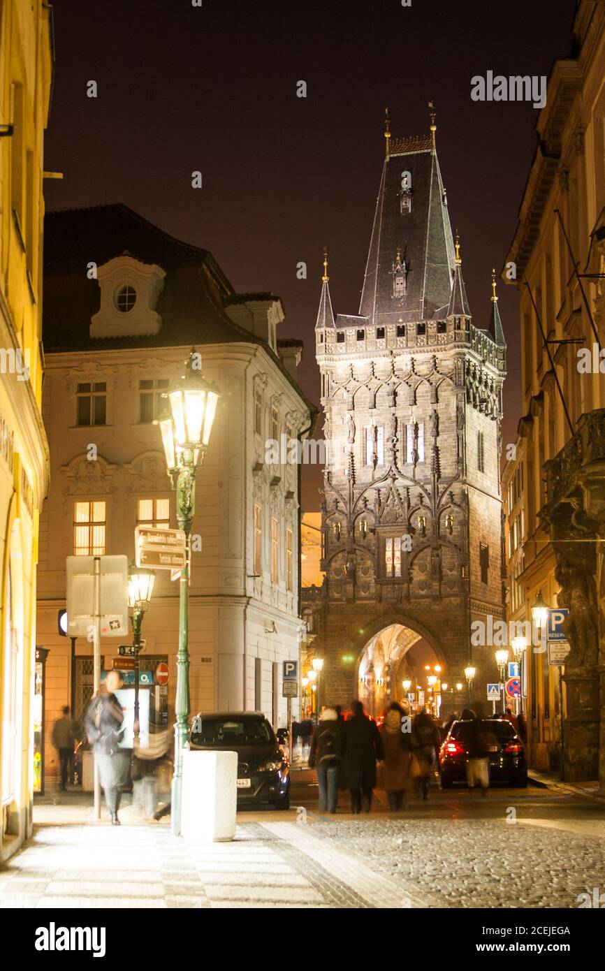 Night view of the Powder Tower or Powder Gate. This landmark is a ...