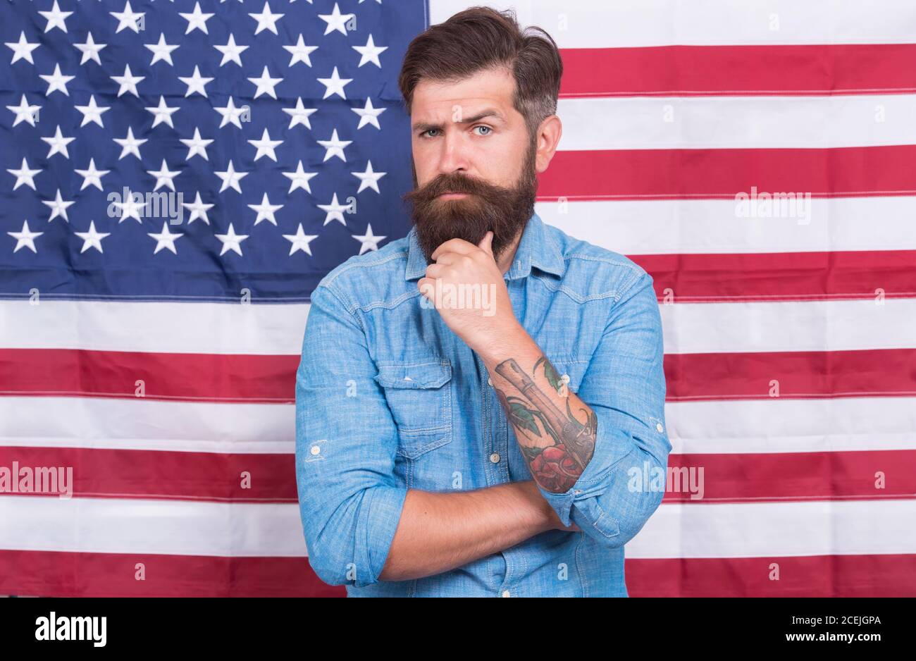 American man journalist reporter USA flag background, elections concept ...