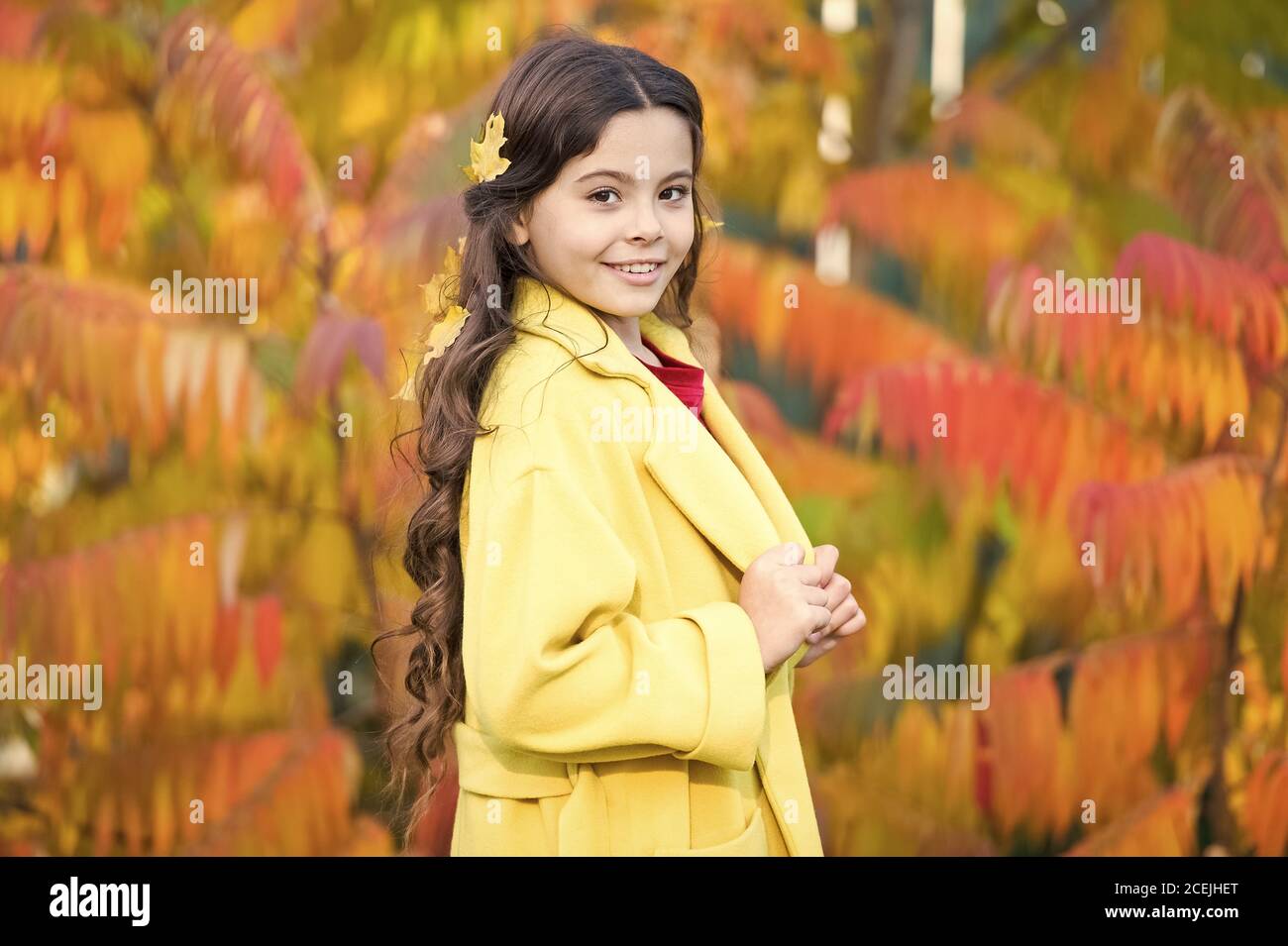 Atmosphere of autumn. Adorable smiling schoolgirl autumn foliage ...