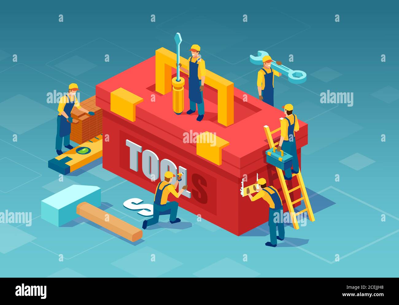 Isometric vector of a mechanic, handymen working around a tool box ...