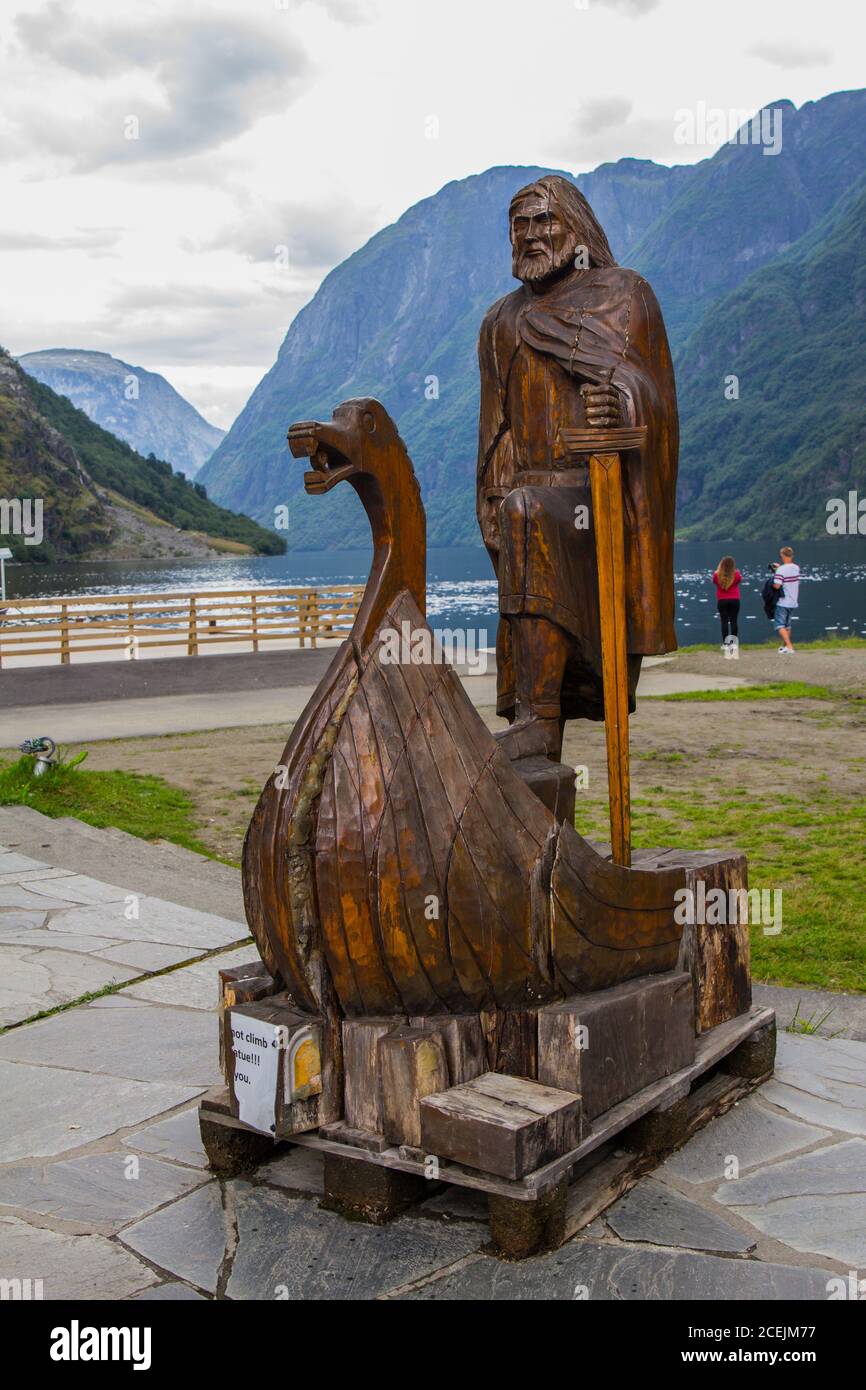 Beautifull view of Viking drakkar at the end of the Sognefjord between ...
