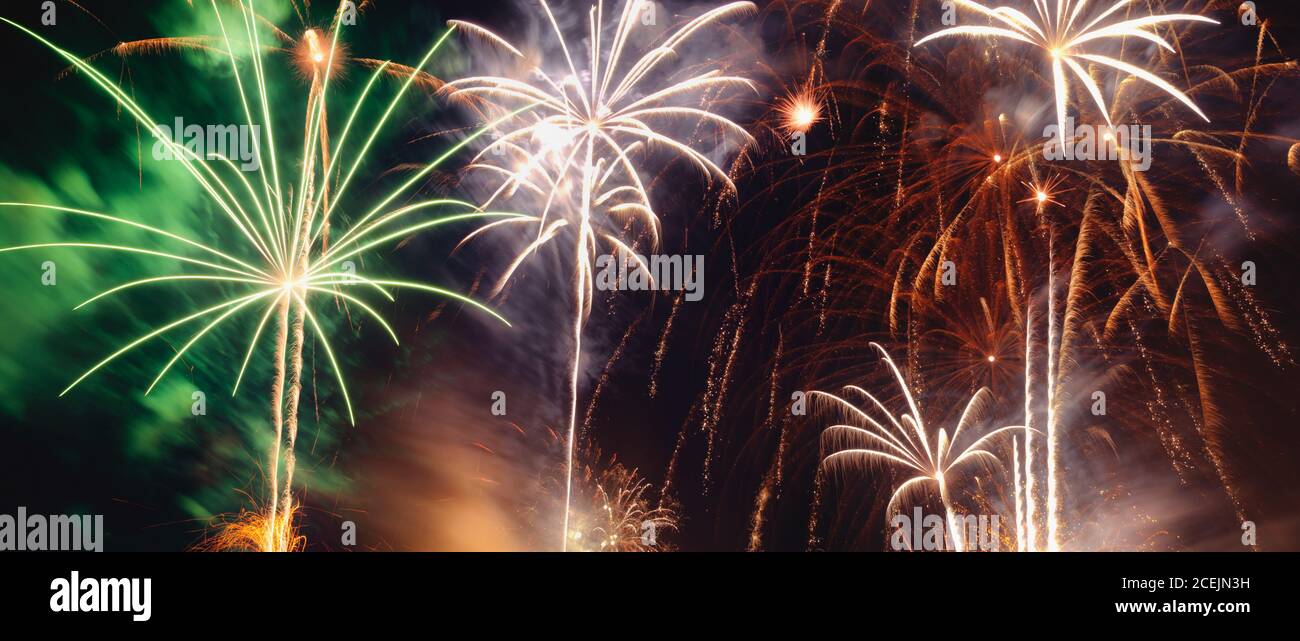 From below shot of wonderful vivid fireworks exploding on background of ...