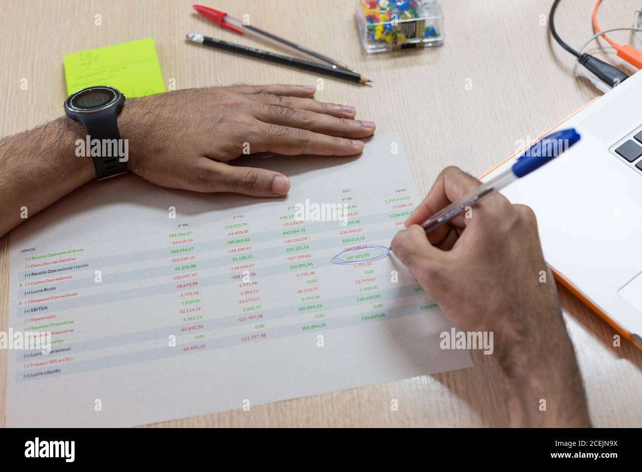 Focus on hands and financial control chart on office desk. Financial ...