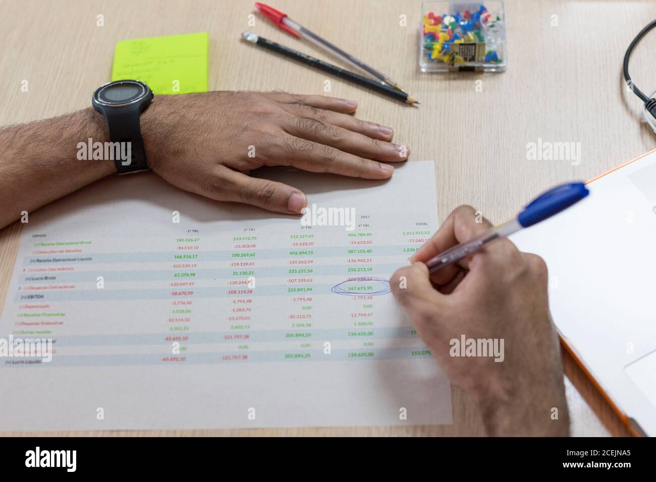 Focus on hands and financial control chart on office desk. Financial ...