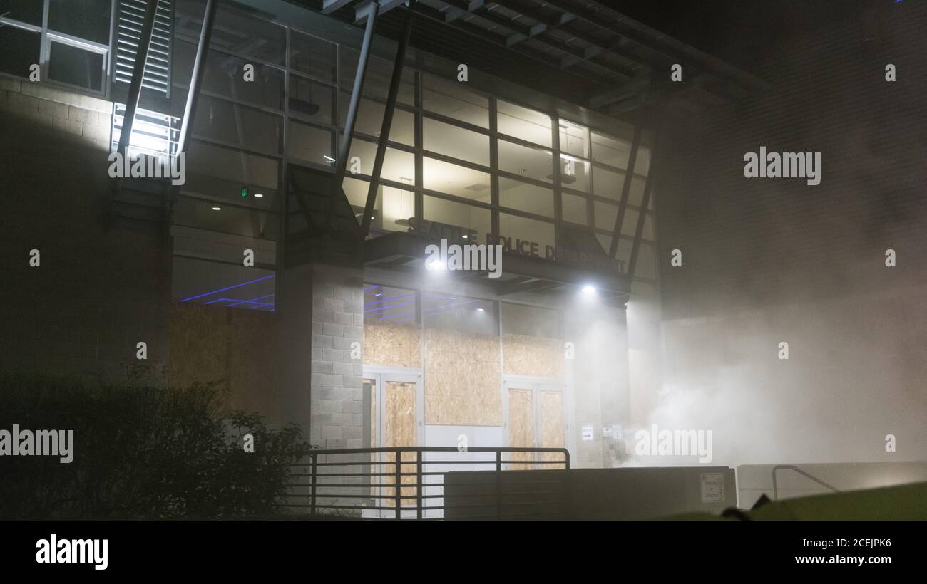 Seattle, USA - Aug 24, 2020: The West police Precinct shrouded in smoke ...
