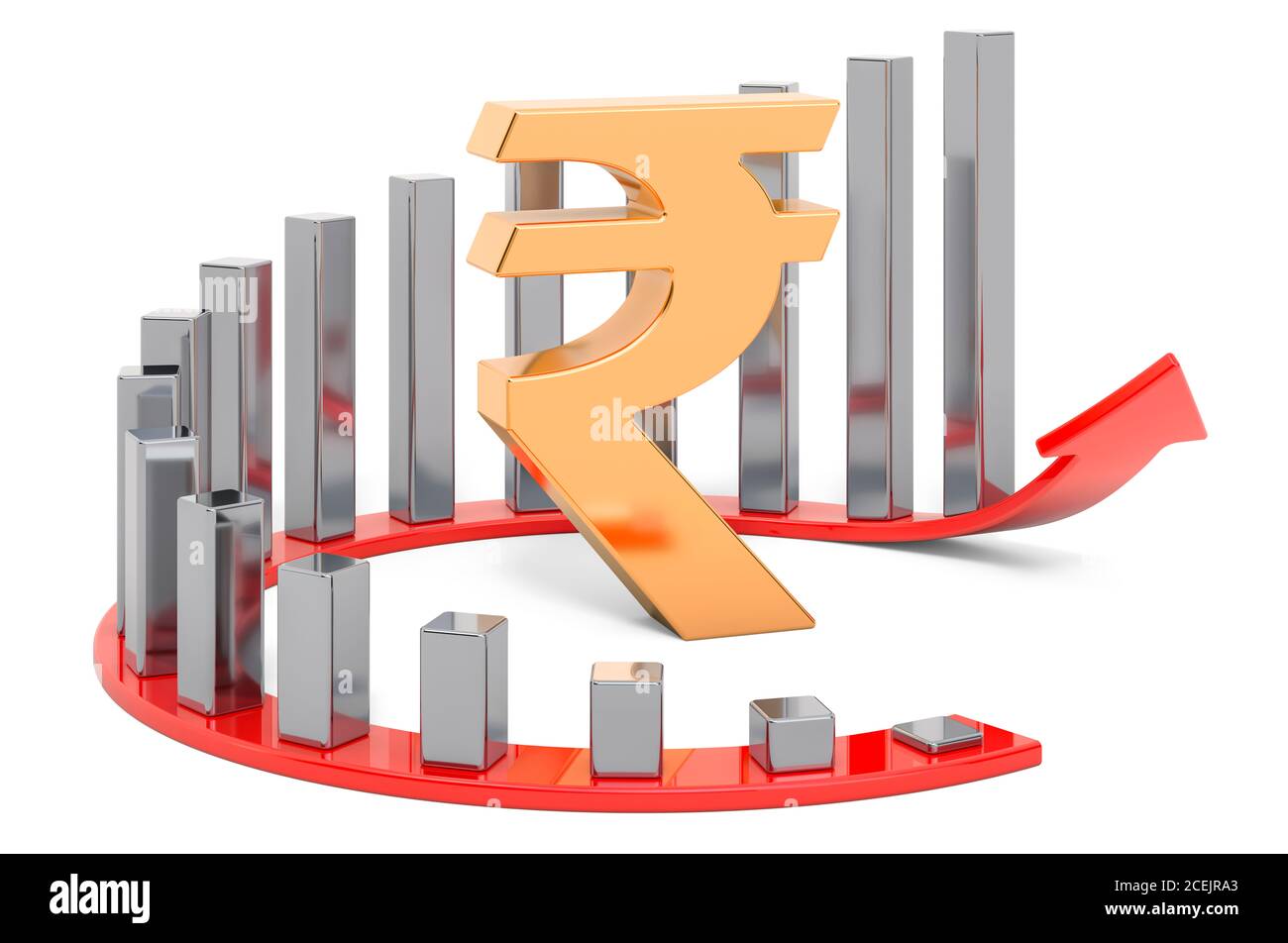 Rupee sign with growing chart. 3D rendering isolated on white ...