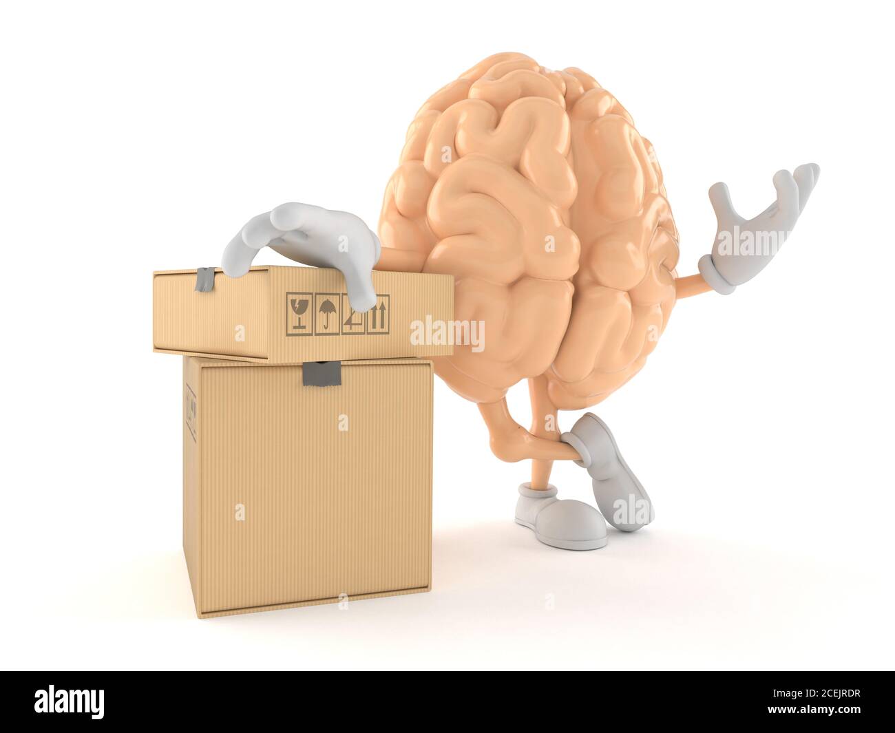 Brain character with stack of boxes isolated on white background Stock ...