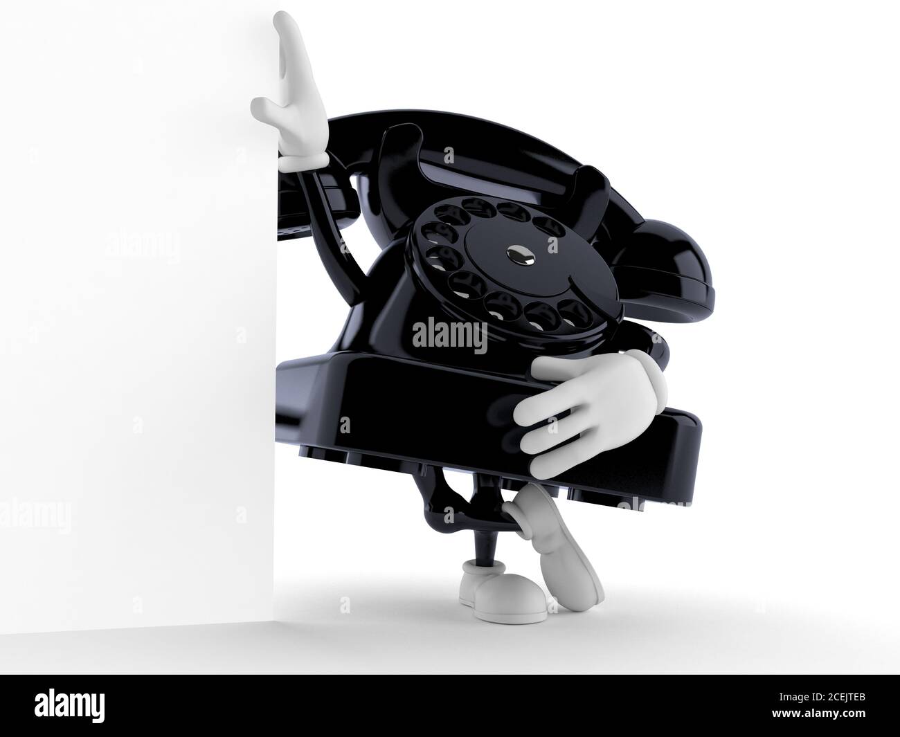 Telephone character leaning against a wall isolated on white background ...