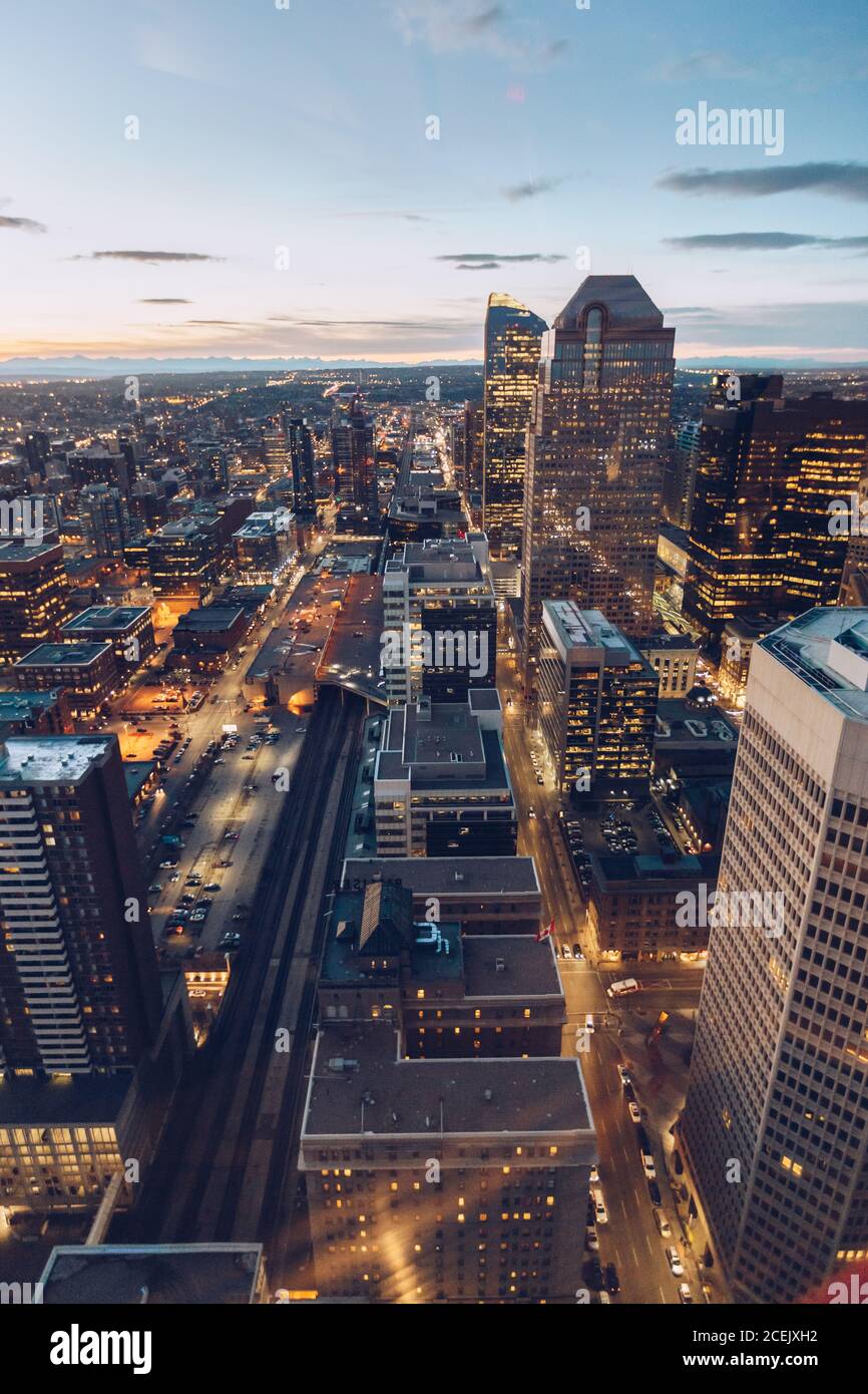 View from height of modern city infrastructure with towers of ...