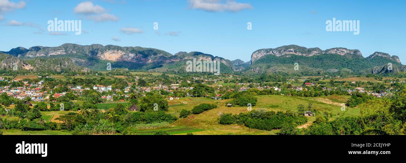 Panoramic view of the Viñales valley in Cuba, famous for its mountains ...