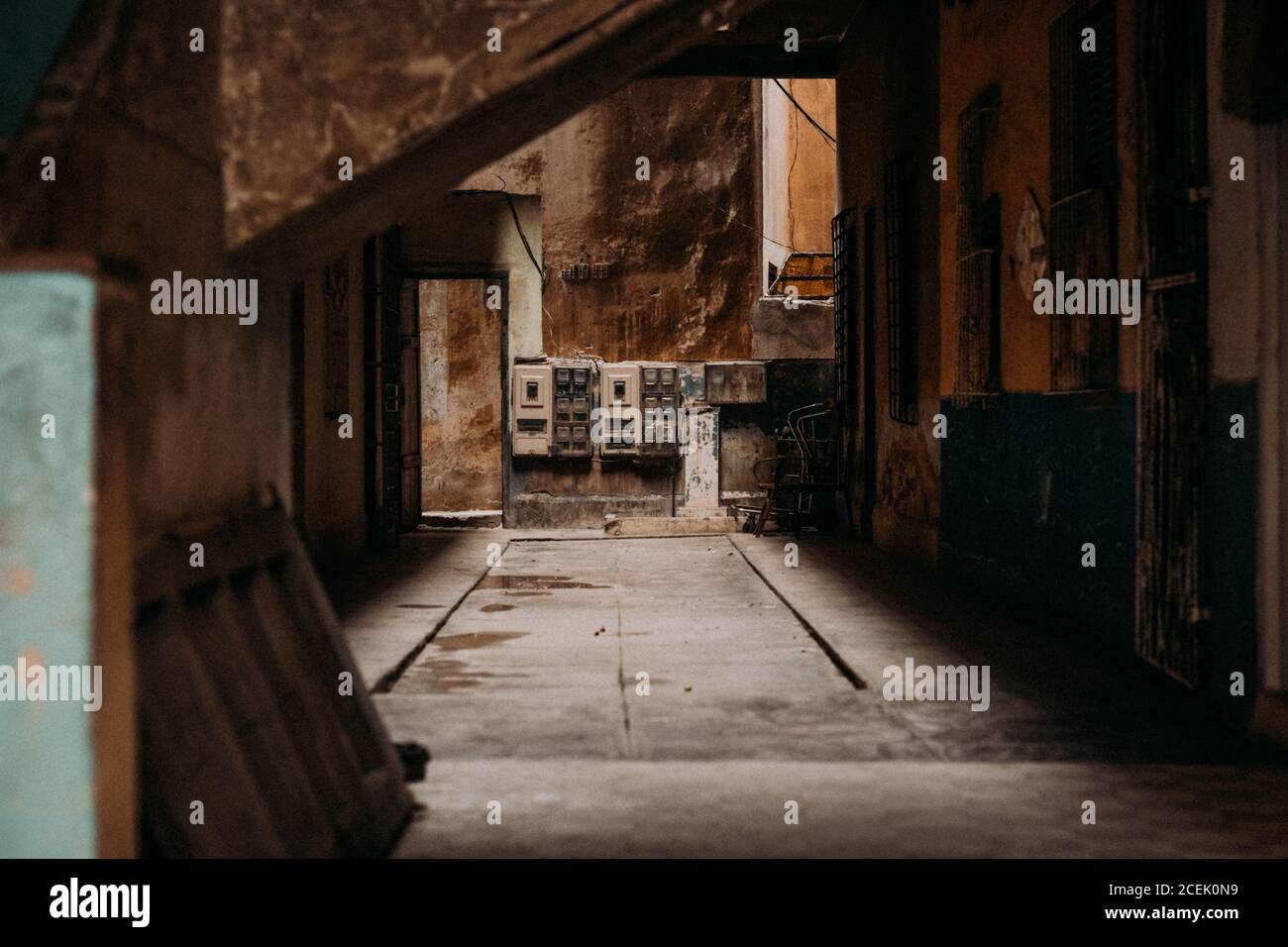 Perspective exterior old empty street shabby facades daylight hi-res ...