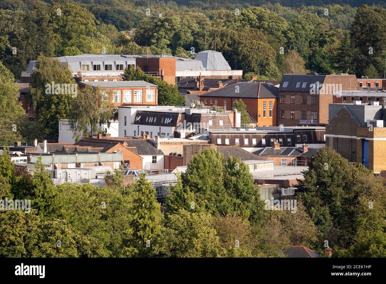 An aerial view looking down on building rooftops, flats and trees on ...