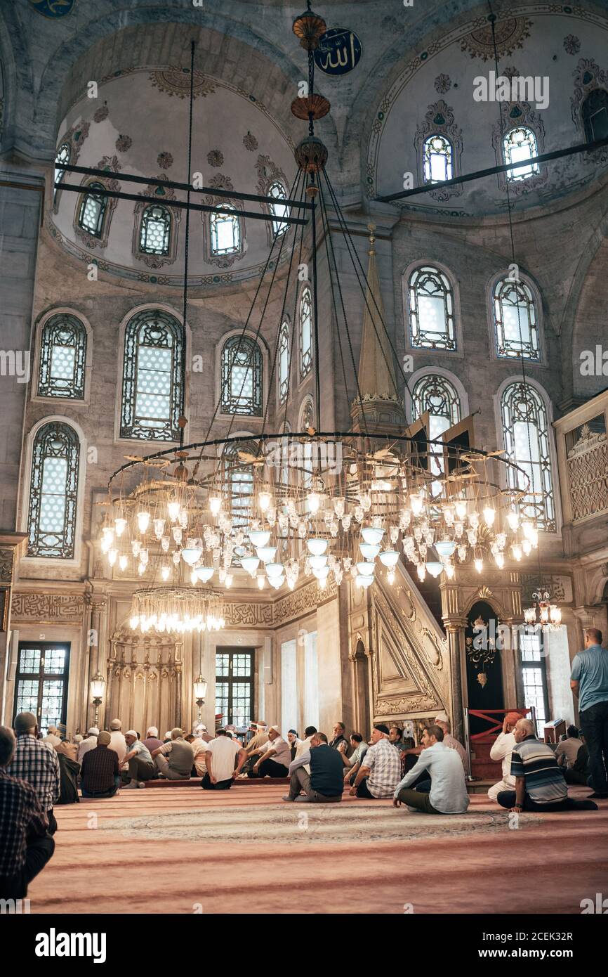 Istanbul, Turkey - June, 16 2018: Group of religious people in mosque ...