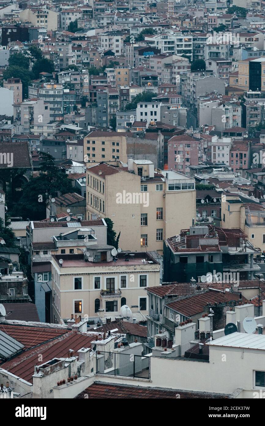 Amazing drone view of various apartment buildings located on streets of ...