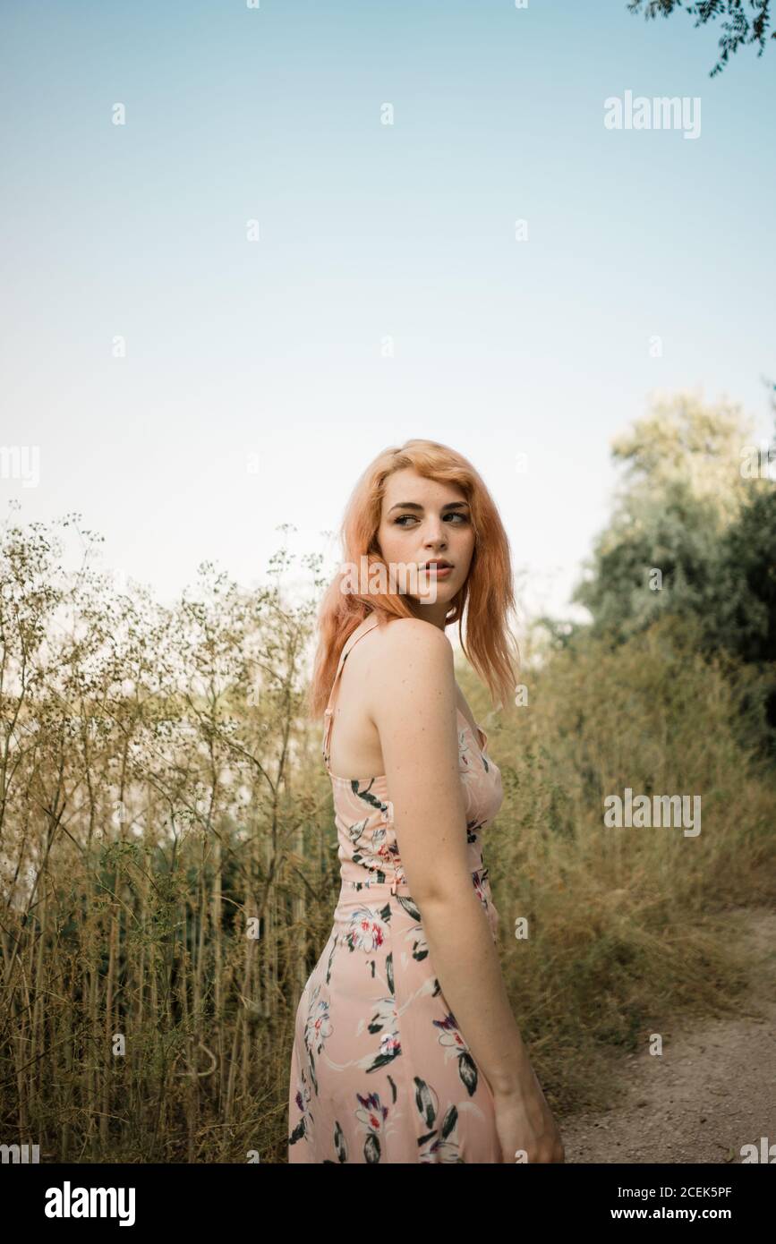 Alluring Woman in dress in nature Stock Photo - Alamy