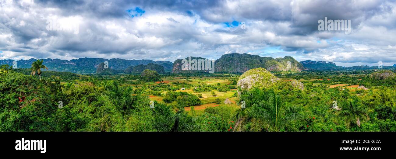 Panoramic view of the Viñales valley in Cuba, famous for its mountains ...