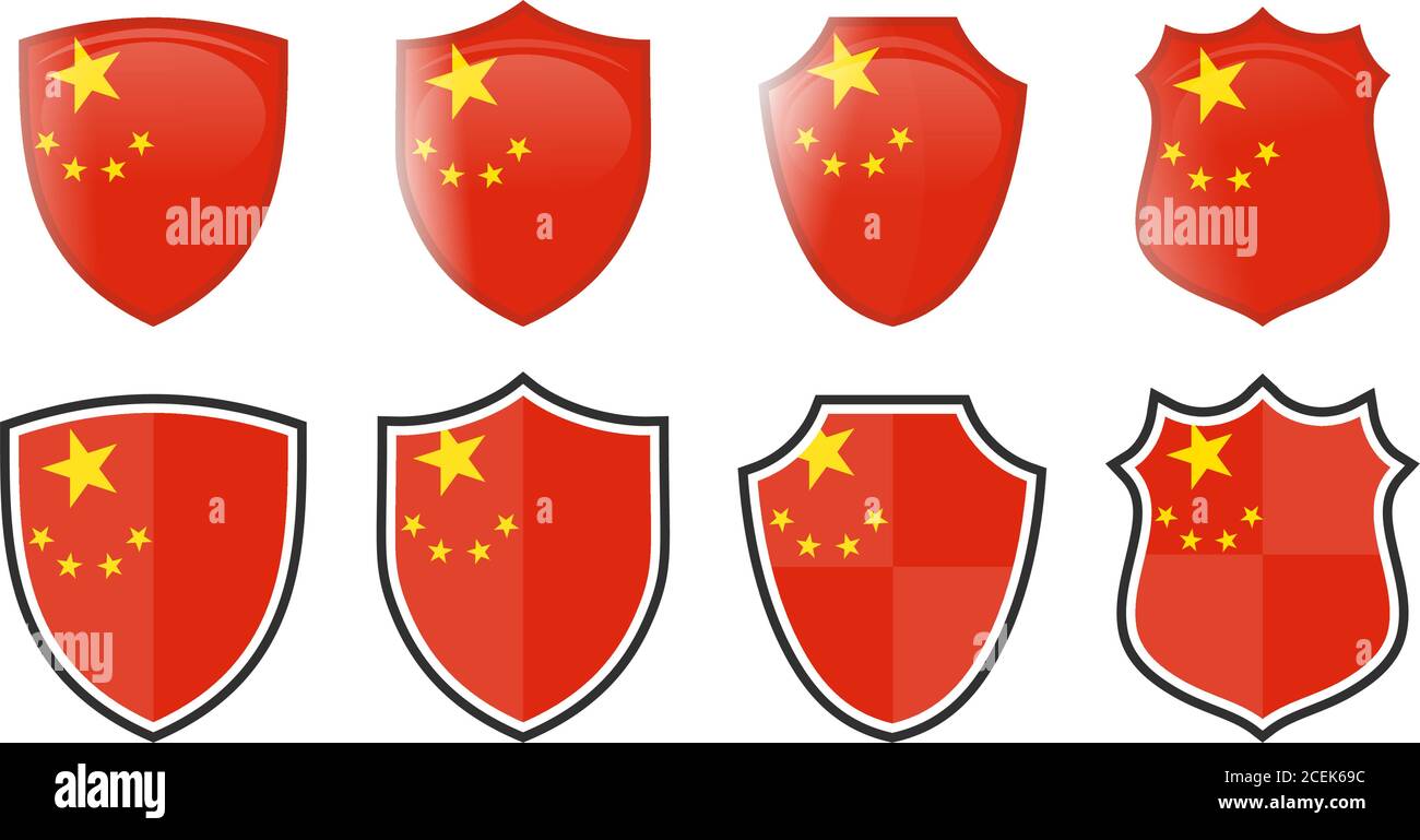 Vertical China flag in shield shape, four 3d and simple versions ...