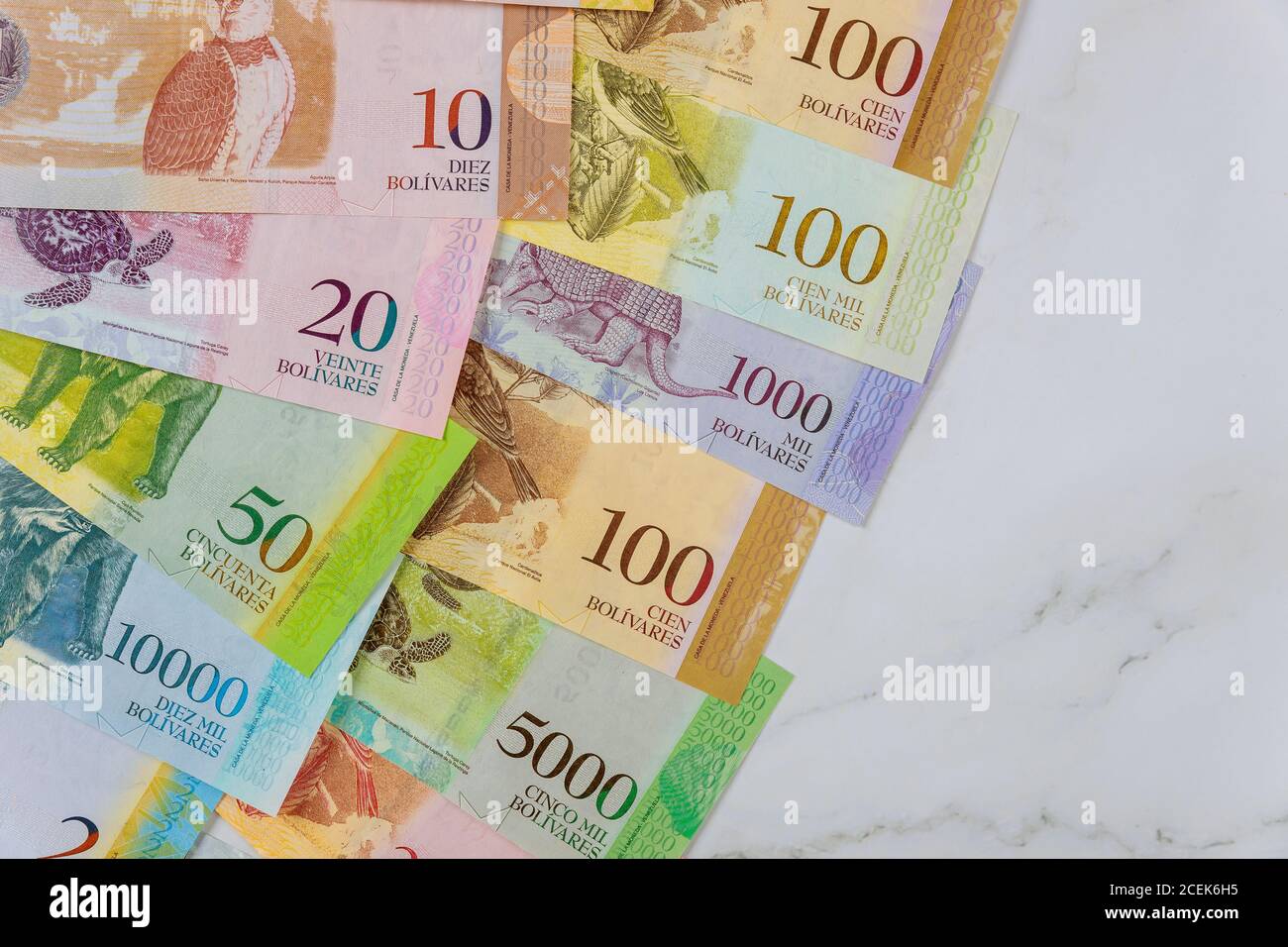 Series of banknotes with different paper bills currency Venezuelan ...