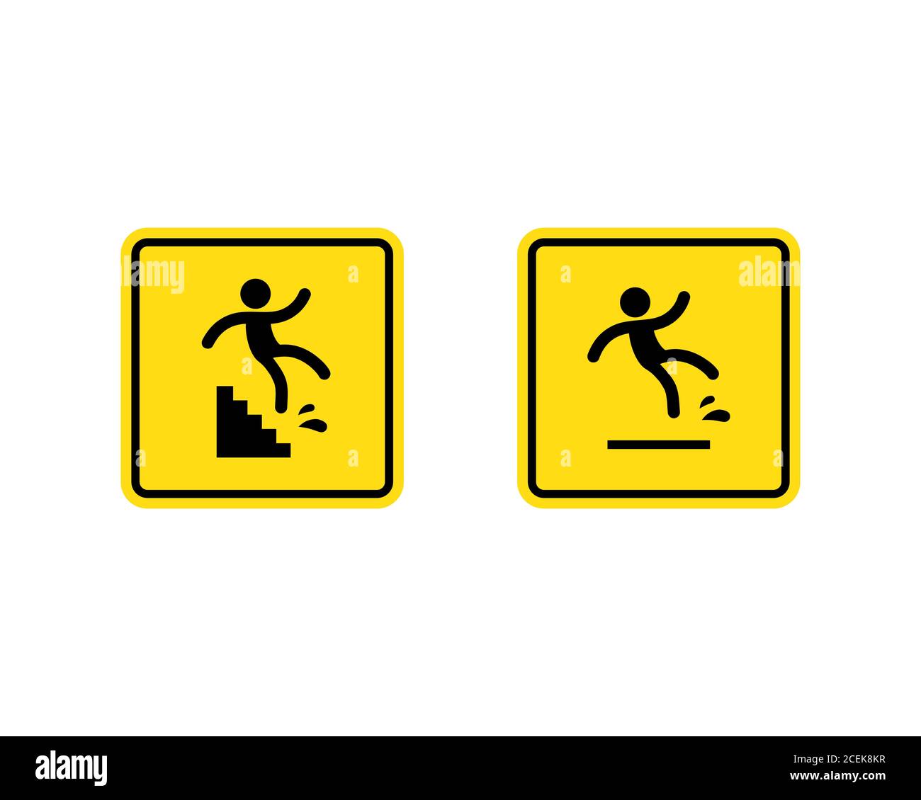 Caution symbols with stick figure man falling. Wet floor, tripping on ...