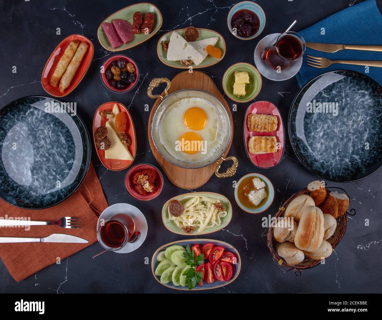 Restaurant concept; Traditional Turkish spreader breakfast on the black ...