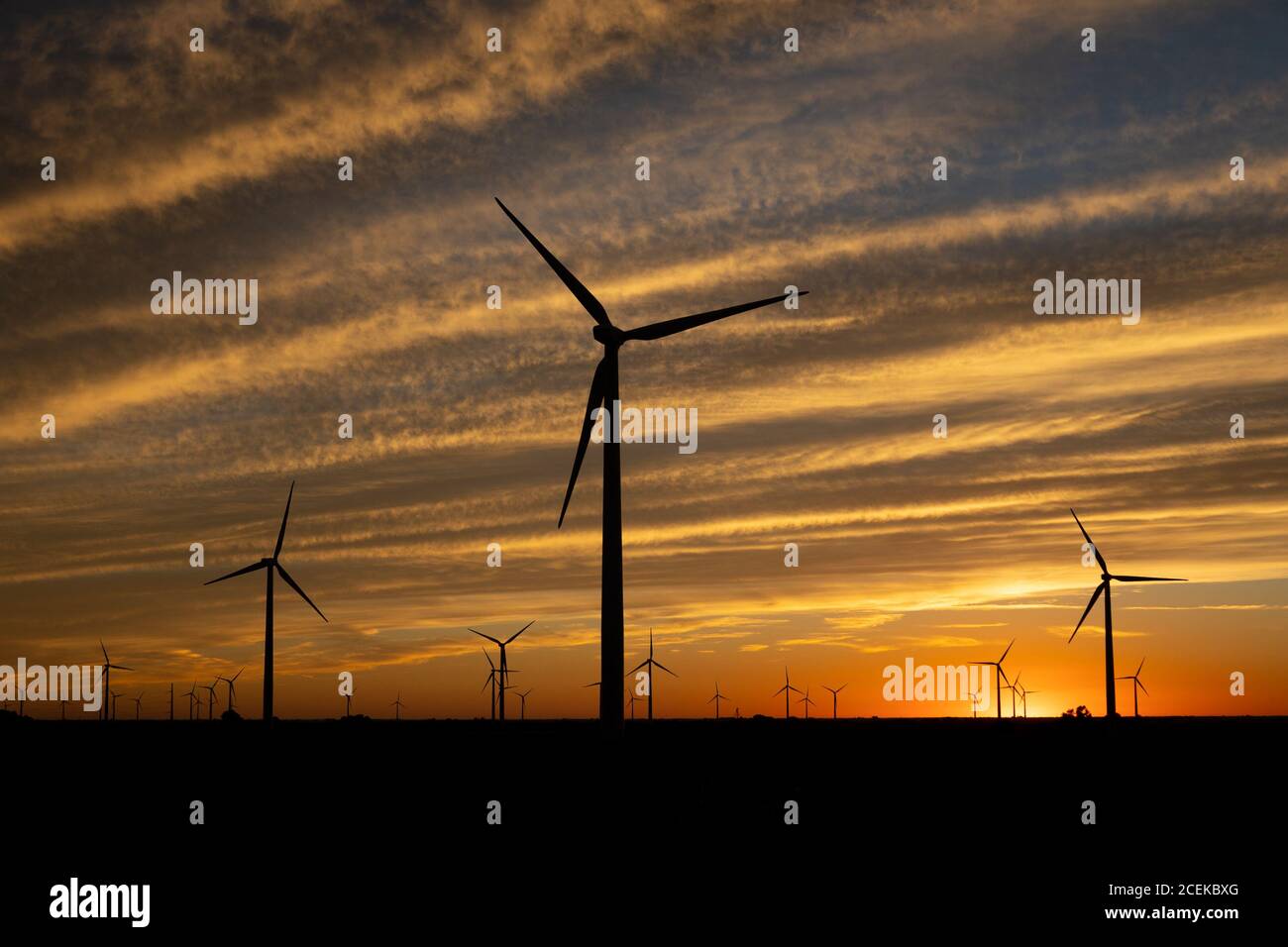The sun sets on a field of wind turbines at a wind farm in Indiana ...