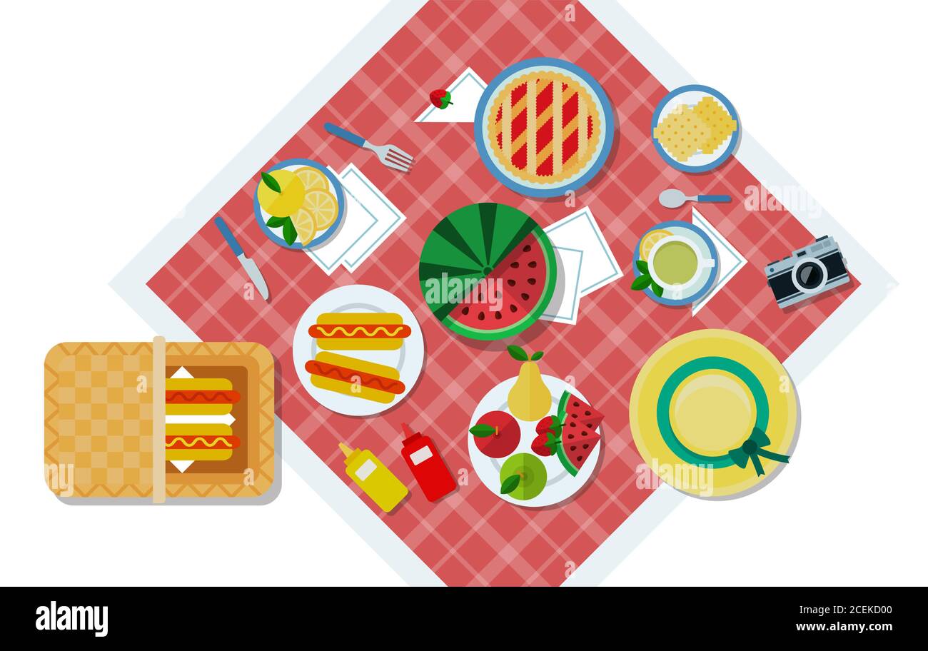 Vector illustration of a picnic in the park top view illustration in a ...