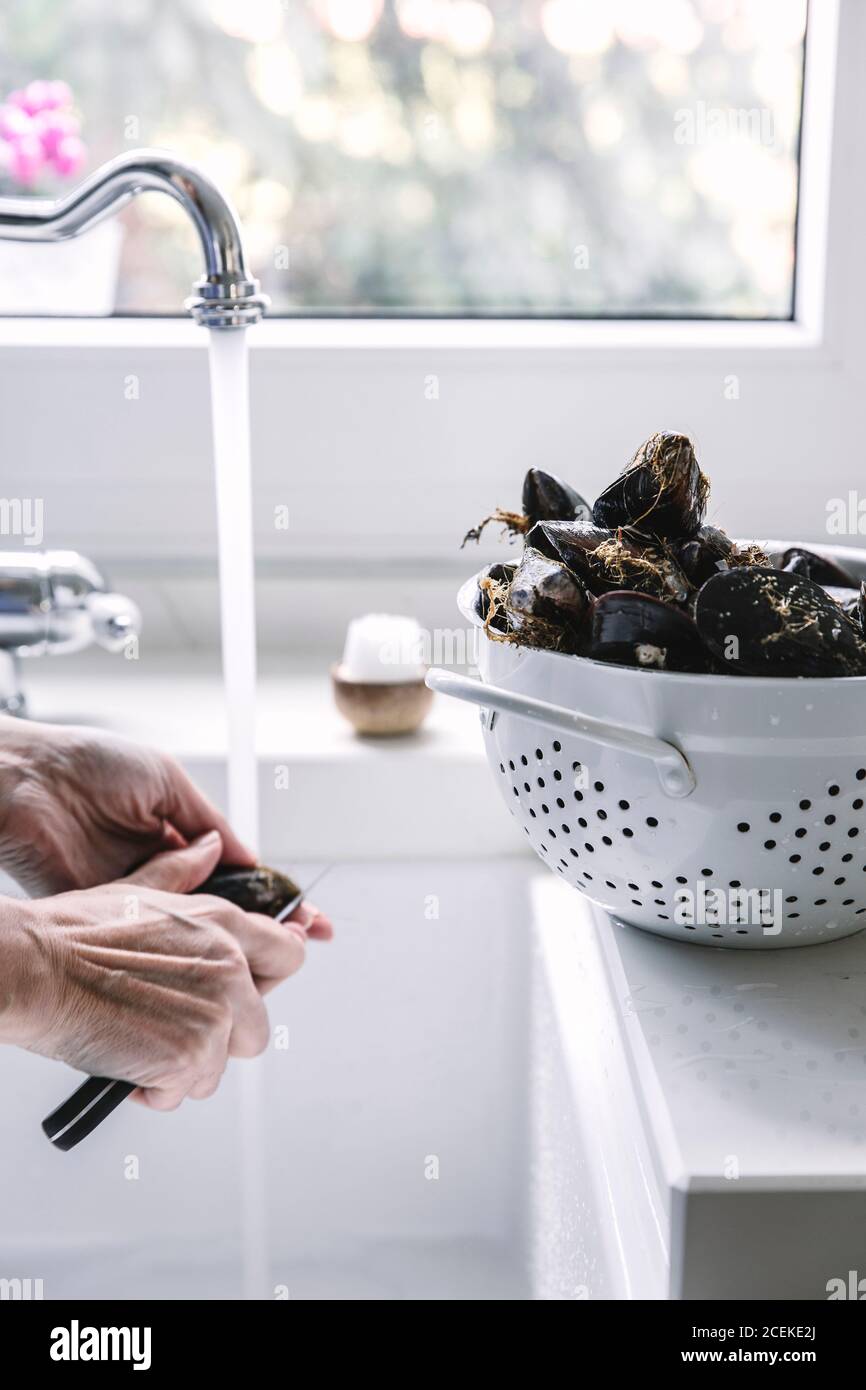 Crop hand opening mussels Stock Photo - Alamy