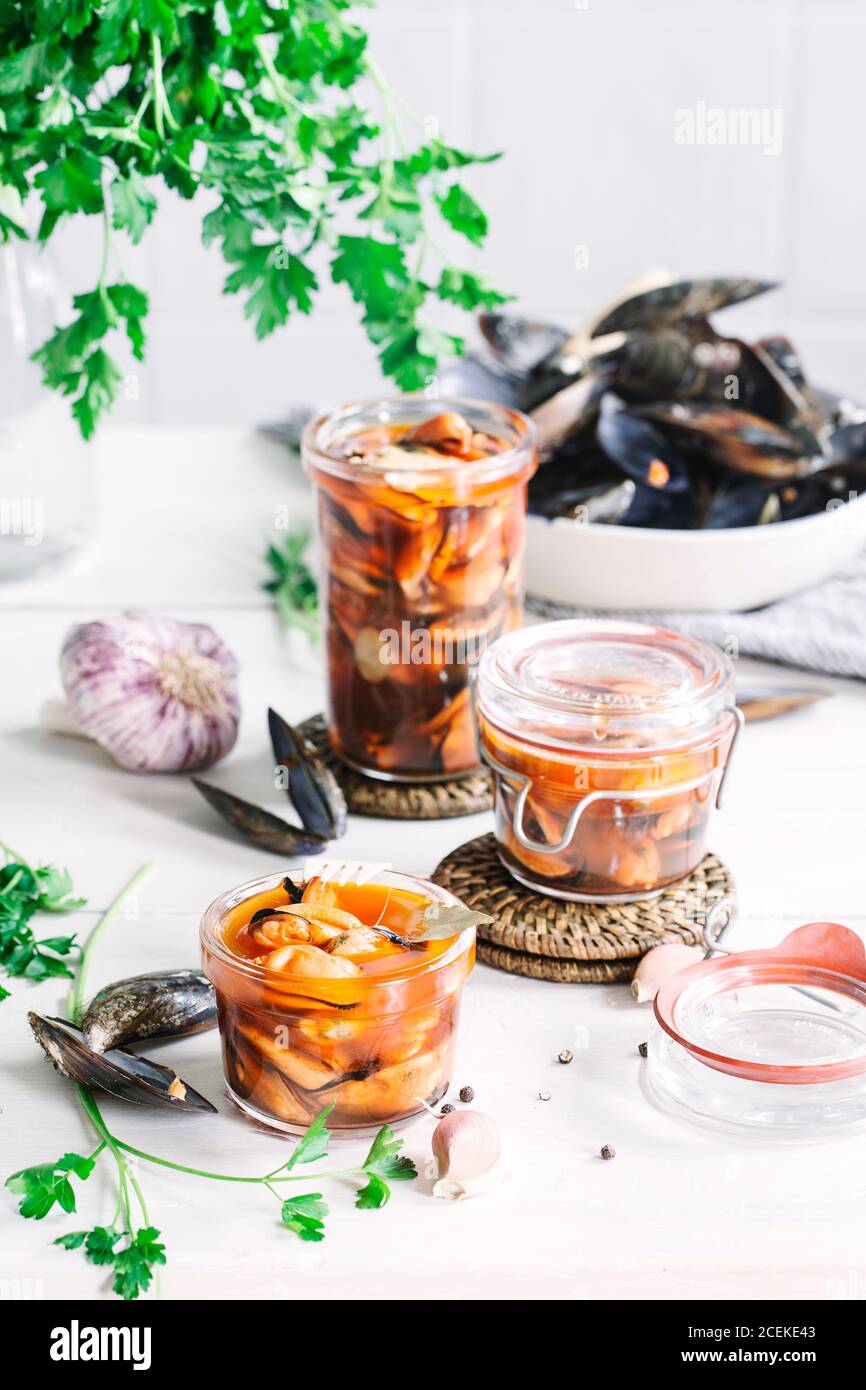 Mussels in glass jars Stock Photo - Alamy