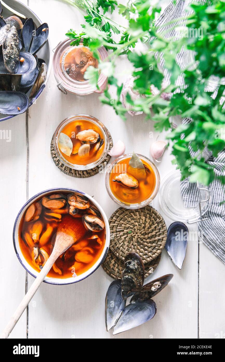Mussels in glass jars Stock Photo - Alamy