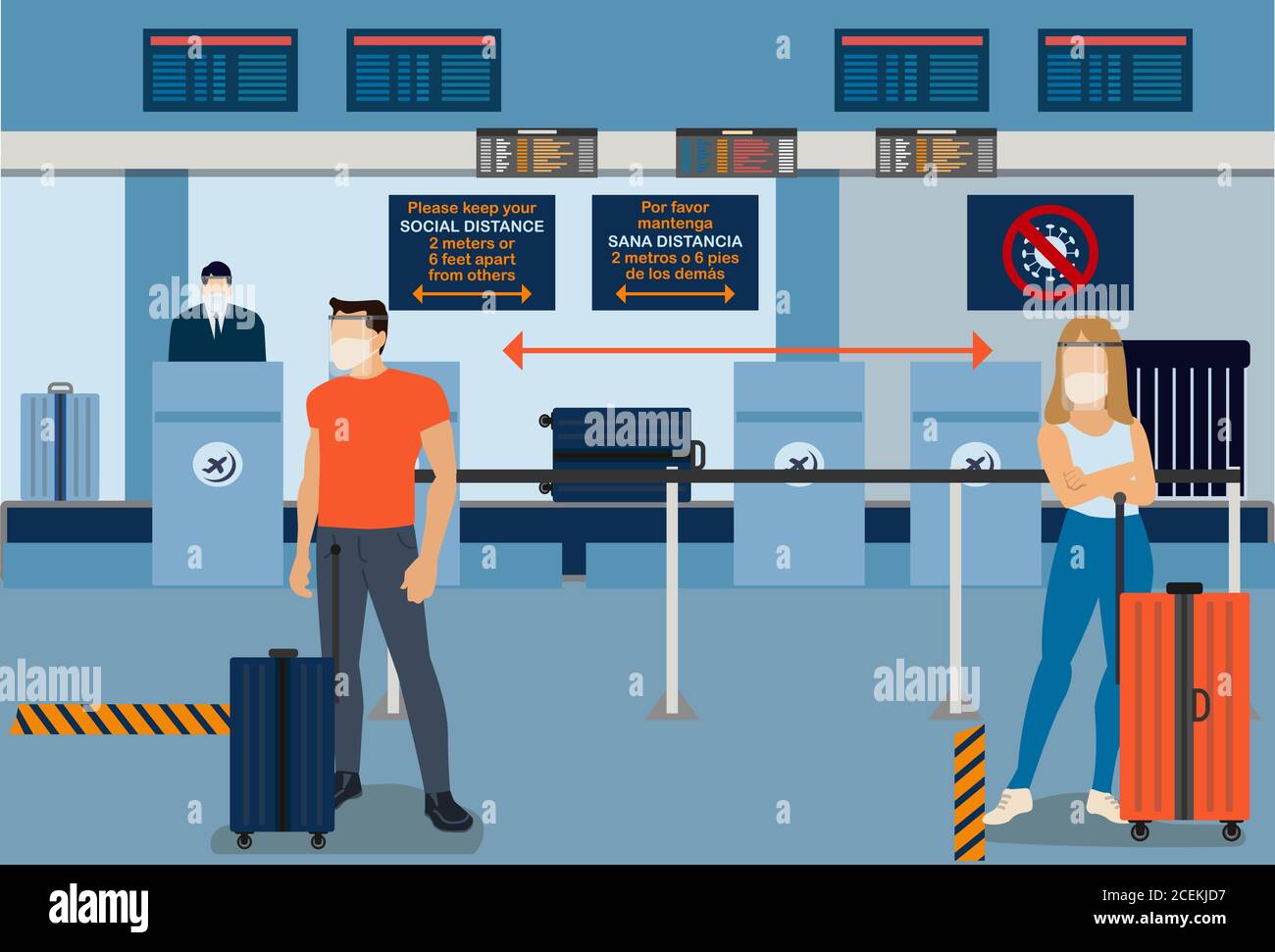 Passengers lining up to check baggage while keeping social distance ...