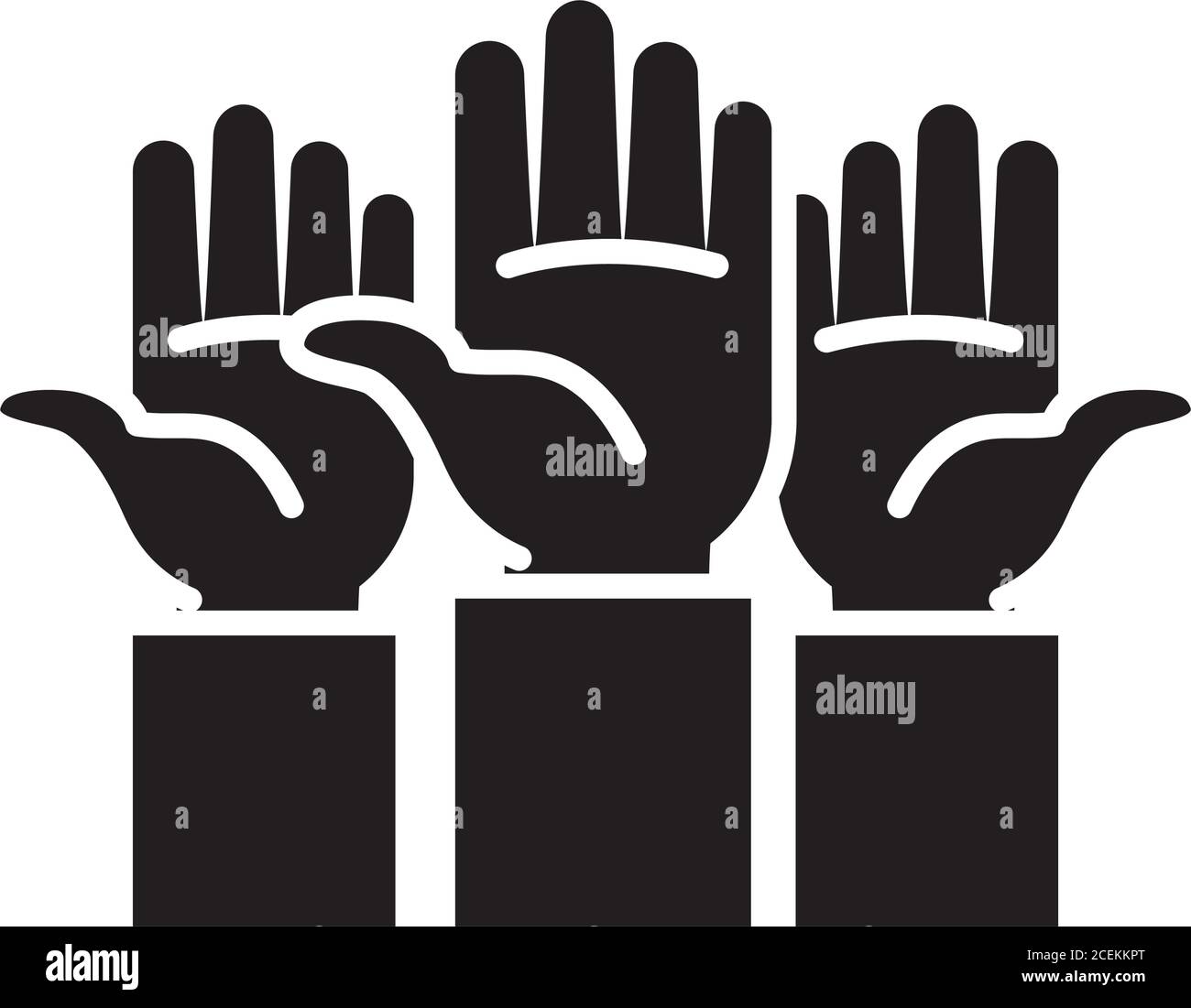 three hands up icon over white background, silhouette style, vector ...