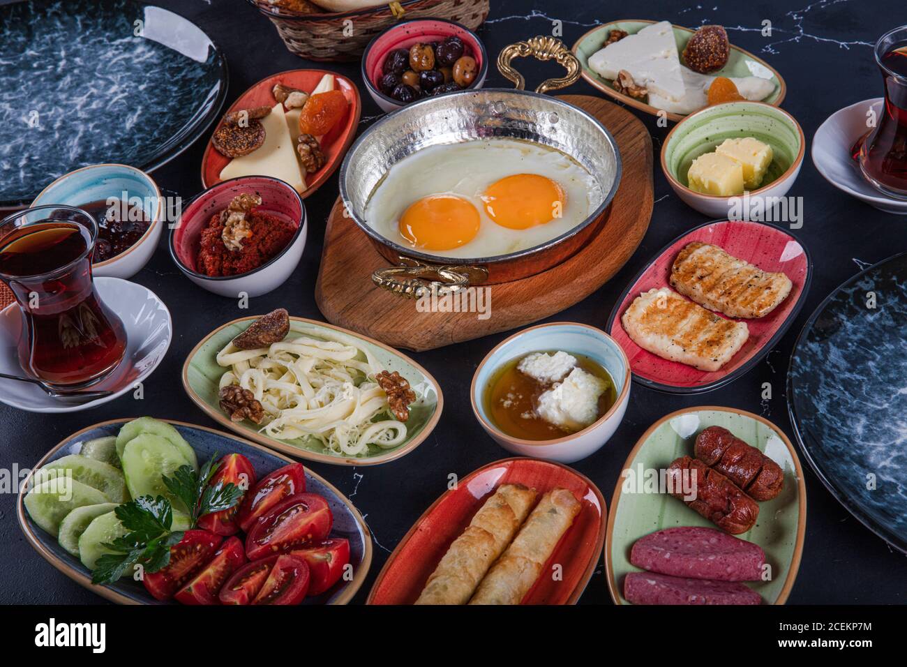 Restaurant concept; Traditional Turkish spreader breakfast on the black ...